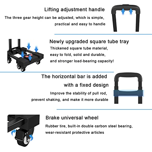 Foldable Dolly for Moving, Heavy Hand Truck Adjustable Handle, 440LB Luggage Cart Dolly with 6 Wheels & 2 Bungee Cords for Moving Heavy Furniture