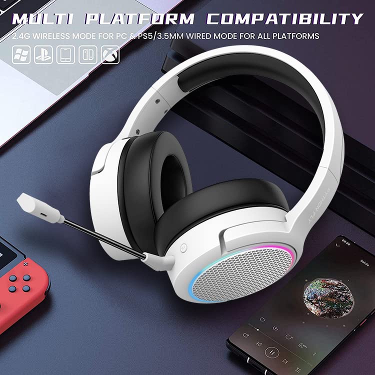 2.4g Esports Gaming Headset 7.1 Channel 50MM Drivers Detachable Noise Cancelling Microphone for Game Laptop Desktop PC Xbox One Switch PS4 PS5 Mobil Device with RGB Light Classic White Black (Black)