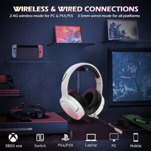 2.4g Esports Gaming Headset 7.1 Channel 50MM Drivers Detachable Noise Cancelling Microphone for Game Laptop Desktop PC Xbox One Switch PS4 PS5 Mobil Device with RGB Light Classic White Black (Black)