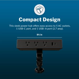 Vari Power Hub - Black Multiple Outlet Power Charging Station with Desk Mount - 5 AC outlets, 2 USB Ports, 12" Cord - Fast Charging for Work or Home Office - Easy to Install with No Tools Needed