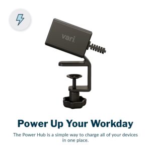 Vari Power Hub - Black Multiple Outlet Power Charging Station with Desk Mount - 5 AC outlets, 2 USB Ports, 12" Cord - Fast Charging for Work or Home Office - Easy to Install with No Tools Needed