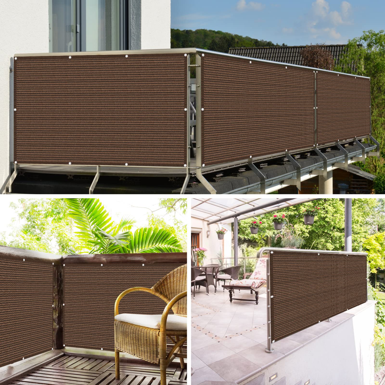 2'6" x 15' Brown Balcony Privacy Screen Fence Windscreen Cover for Apartment, Deck, Patio, Backyard, Outdoor Pool, Porch, Railing - 95% UV Blockage, Zip Ties Included, Customized