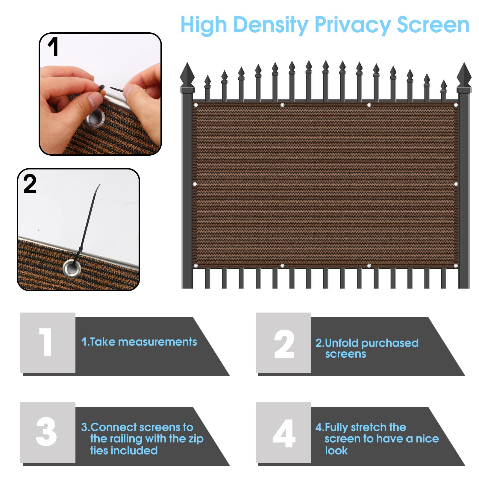 2'6" x 15' Brown Balcony Privacy Screen Fence Windscreen Cover for Apartment, Deck, Patio, Backyard, Outdoor Pool, Porch, Railing - 95% UV Blockage, Zip Ties Included, Customized