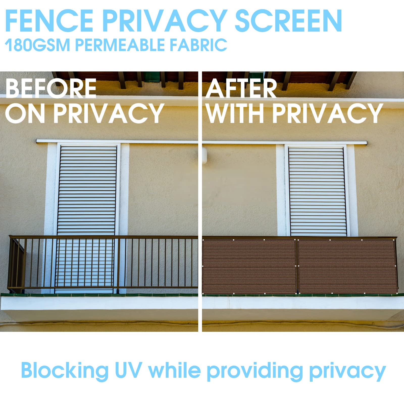 2'6" x 15' Brown Balcony Privacy Screen Fence Windscreen Cover for Apartment, Deck, Patio, Backyard, Outdoor Pool, Porch, Railing - 95% UV Blockage, Zip Ties Included, Customized