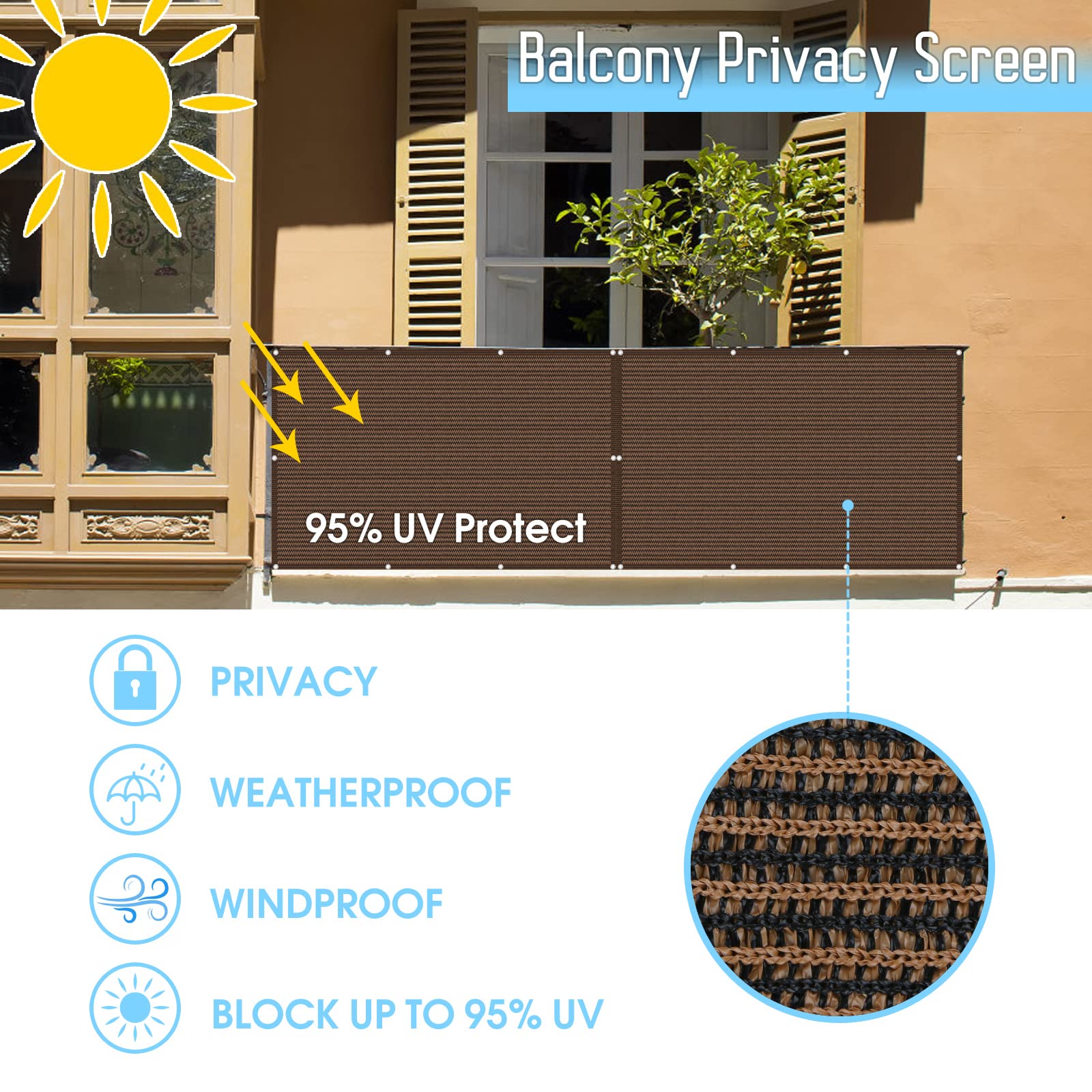 2'6" x 15' Brown Balcony Privacy Screen Fence Windscreen Cover for Apartment, Deck, Patio, Backyard, Outdoor Pool, Porch, Railing - 95% UV Blockage, Zip Ties Included, Customized