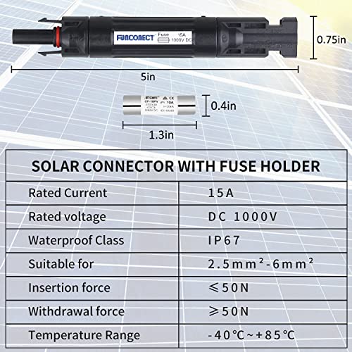 FUNCONECT Solar Panel Connector, 15A Multi-Contact 4 Connectors for Solar Panels, Male/Female IP67 Waterproof 1000v DC with Fuse Holder (4 Pairs)