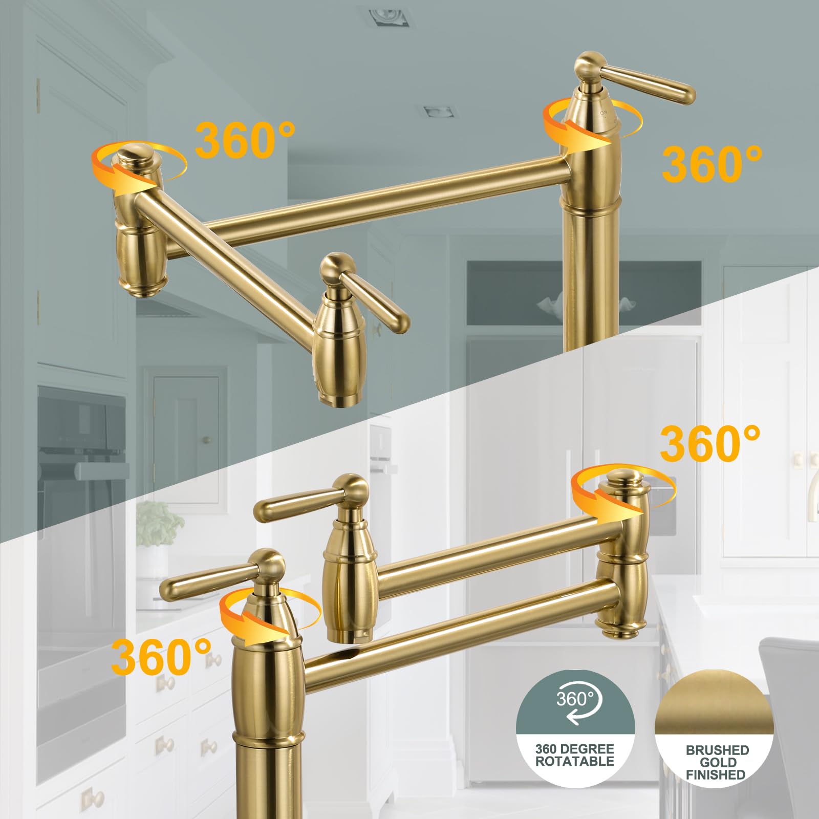 Pot Filler Deck Mount Stove Faucet, ARCORA Brushed Gold Pot Filler Faucet, Folding Faucet with Stretchable Double Joint Swing Arms, Solid Brass Pot Filler