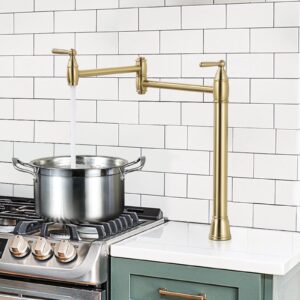 Pot Filler Deck Mount Stove Faucet, ARCORA Brushed Gold Pot Filler Faucet, Folding Faucet with Stretchable Double Joint Swing Arms, Solid Brass Pot Filler