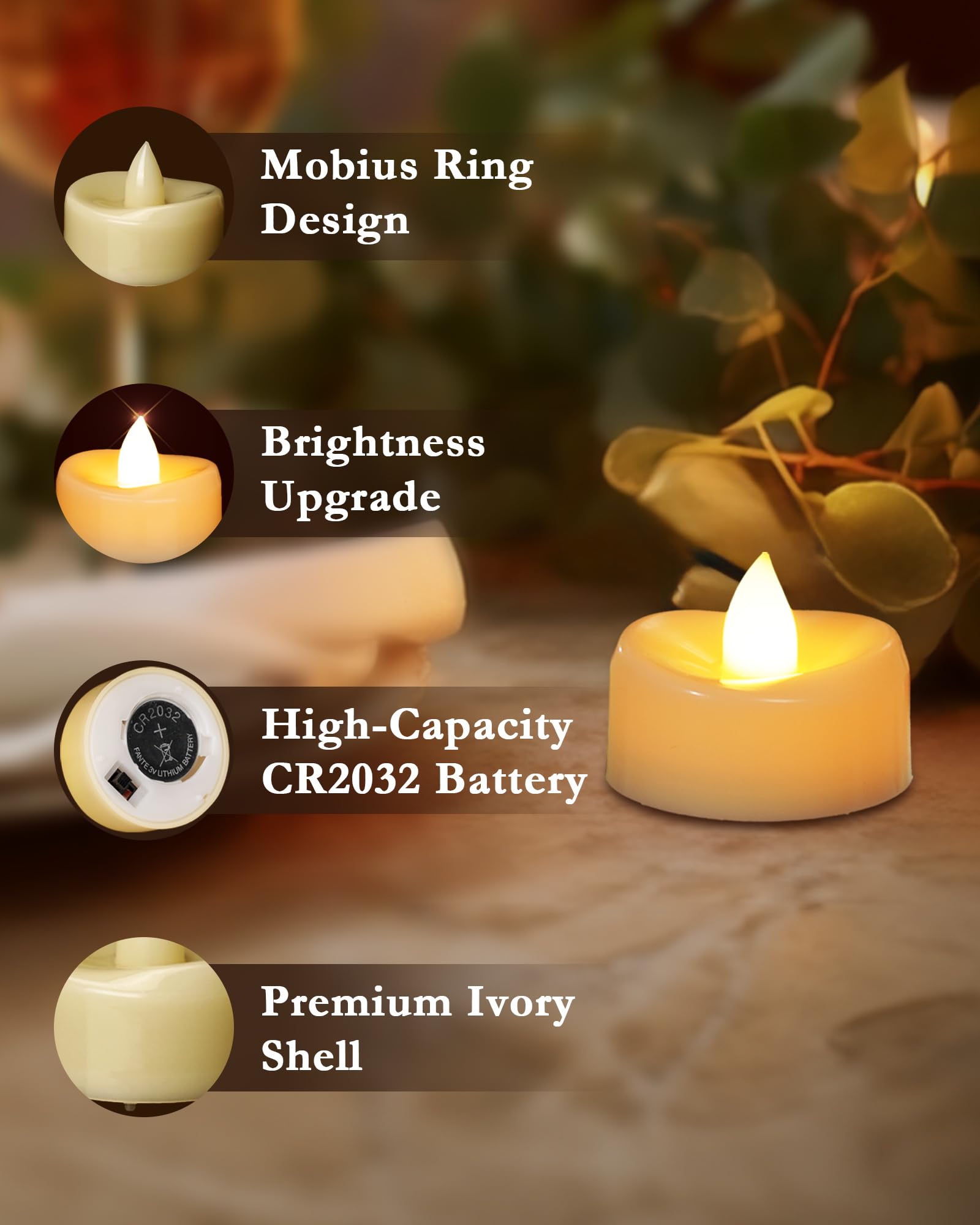 YOJACIKI Flameless Candles, 24 Pack LED Tea Lights Candles Battery Operated, Last 200+ Hrs Flickering Tea Lights, Flameless Tealight Candles for Halloween Diwali Fall Christmas Wedding D 1.5”x H 1.25”