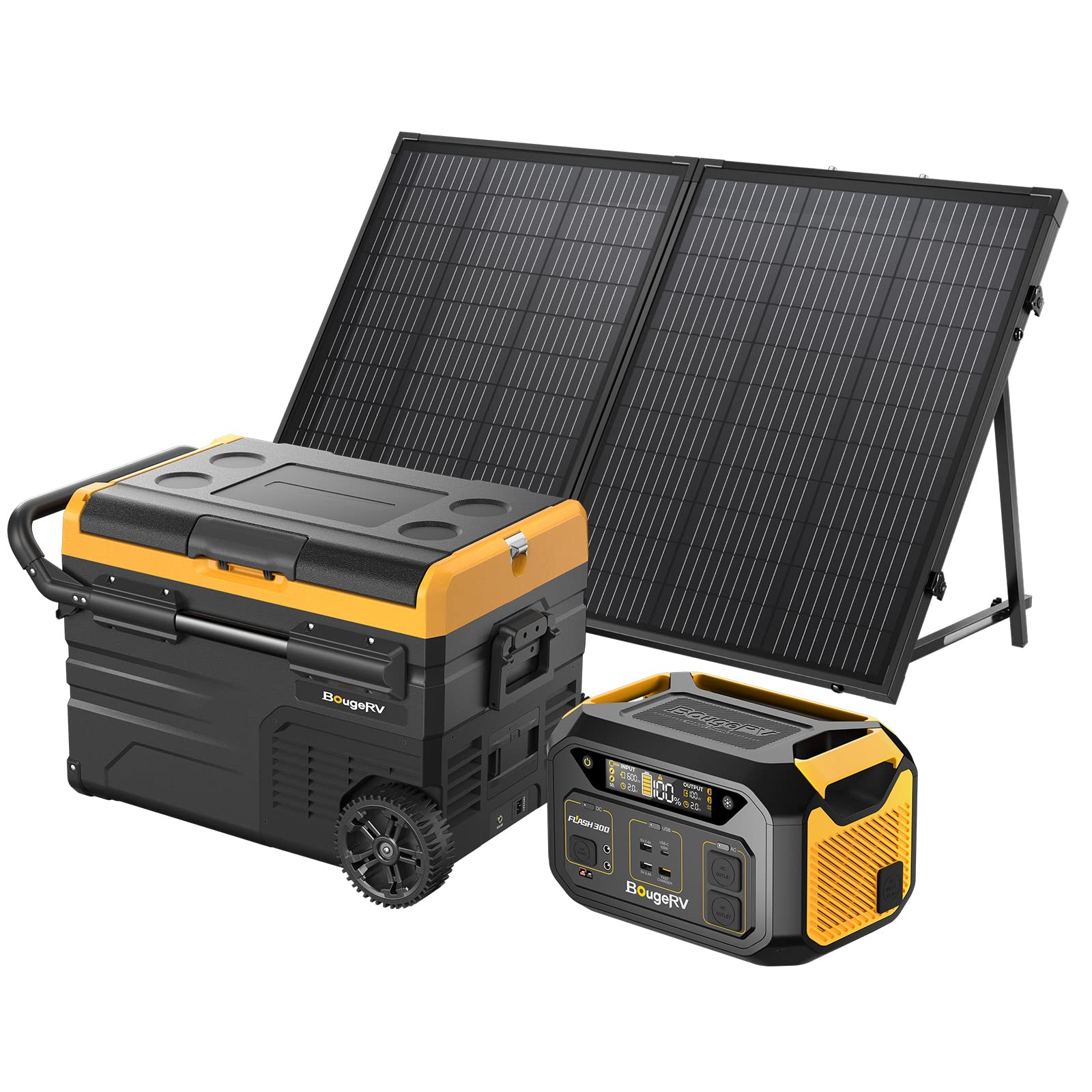 Bundle–3 items: BougeRV Portable Power Station 286Wh Solar Generator 600W with 12 Volt Car Refrigerator Dual Zone with 130W Portable Solar Panel