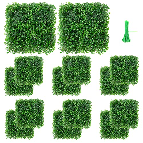 Vevitts 12 Packs 10"x10" Artificial Boxwood Hedges Mat with Cable Ties, Grass Wall Panels UV Privacy Fence Screen Greenery Panel for Indoor & Outdoor Decor