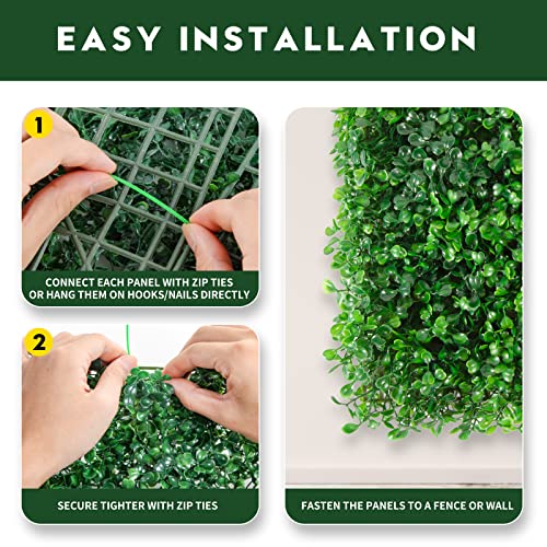 Vevitts 12 Packs 10"x10" Artificial Boxwood Hedges Mat with Cable Ties, Grass Wall Panels UV Privacy Fence Screen Greenery Panel for Indoor & Outdoor Decor