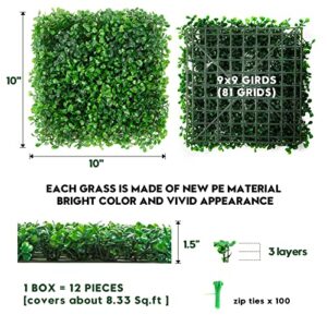 Vevitts 12 Packs 10"x10" Artificial Boxwood Hedges Mat with Cable Ties, Grass Wall Panels UV Privacy Fence Screen Greenery Panel for Indoor & Outdoor Decor