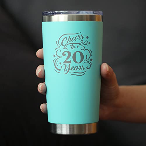 Cheers to 20 Years - Insulated Coffee Tumbler Cup with Sliding Lid - Stainless Steel Insulated Mug - 20th Anniversary Gifts and Party Decor - Teal