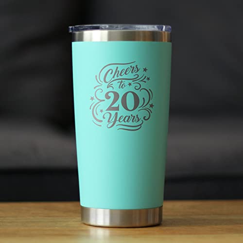 Cheers to 20 Years - Insulated Coffee Tumbler Cup with Sliding Lid - Stainless Steel Insulated Mug - 20th Anniversary Gifts and Party Decor - Teal