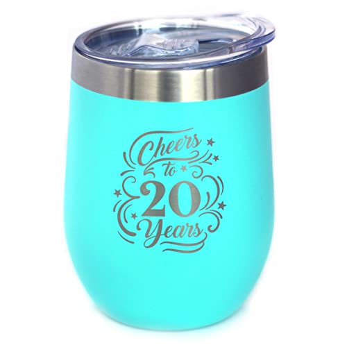 Cheers to 20 Years - Wine Tumbler Glass with Sliding Lid - Stainless Steel Insulated Mug - 20th Anniversary Gifts and Party Decor - Teal