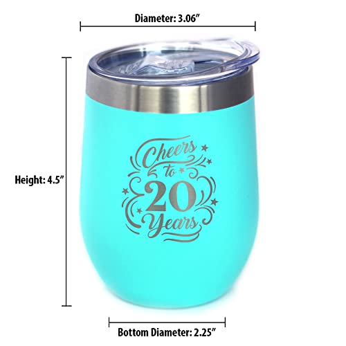 Cheers to 20 Years - Wine Tumbler Glass with Sliding Lid - Stainless Steel Insulated Mug - 20th Anniversary Gifts and Party Decor - Teal