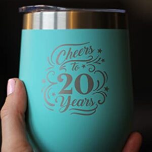 Cheers to 20 Years - Wine Tumbler Glass with Sliding Lid - Stainless Steel Insulated Mug - 20th Anniversary Gifts and Party Decor - Teal