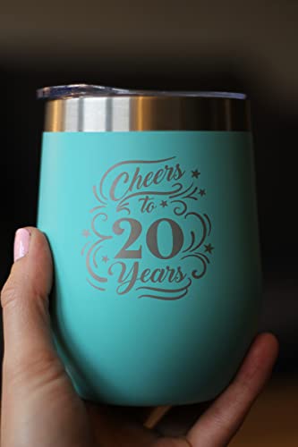 Cheers to 20 Years - Wine Tumbler Glass with Sliding Lid - Stainless Steel Insulated Mug - 20th Anniversary Gifts and Party Decor - Teal