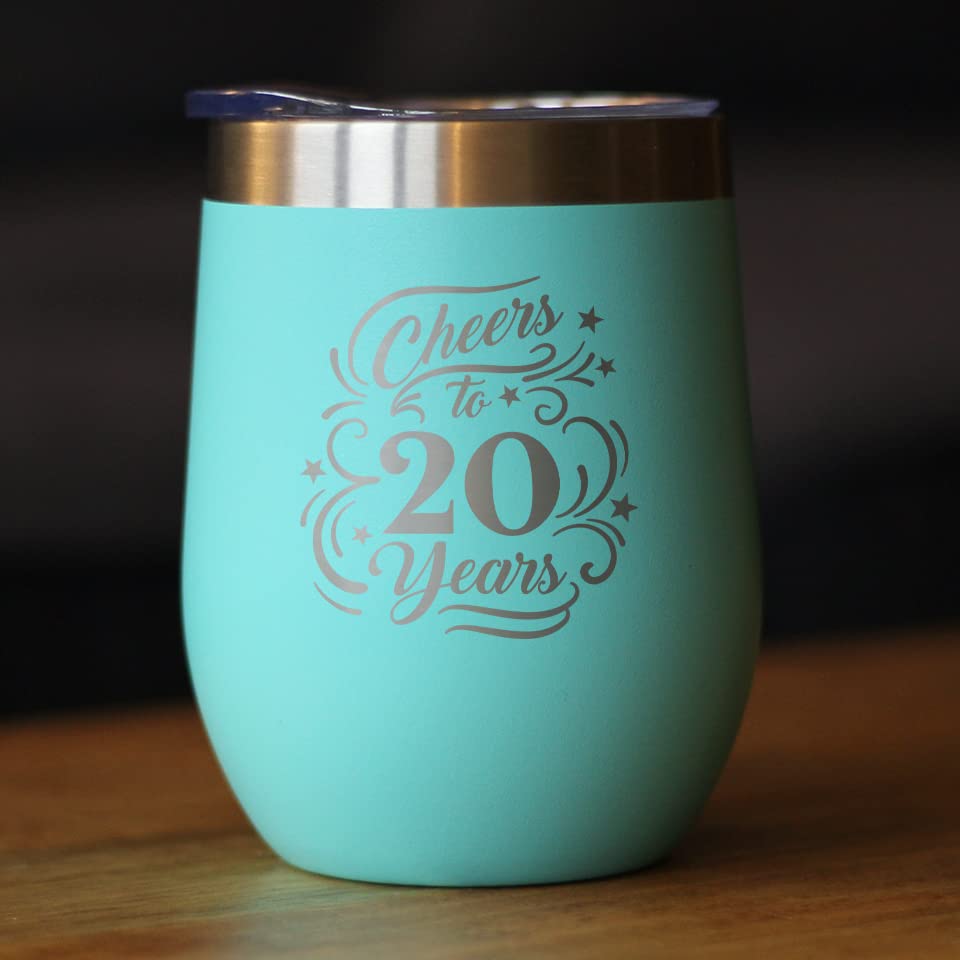 Cheers to 20 Years - Wine Tumbler Glass with Sliding Lid - Stainless Steel Insulated Mug - 20th Anniversary Gifts and Party Decor - Teal