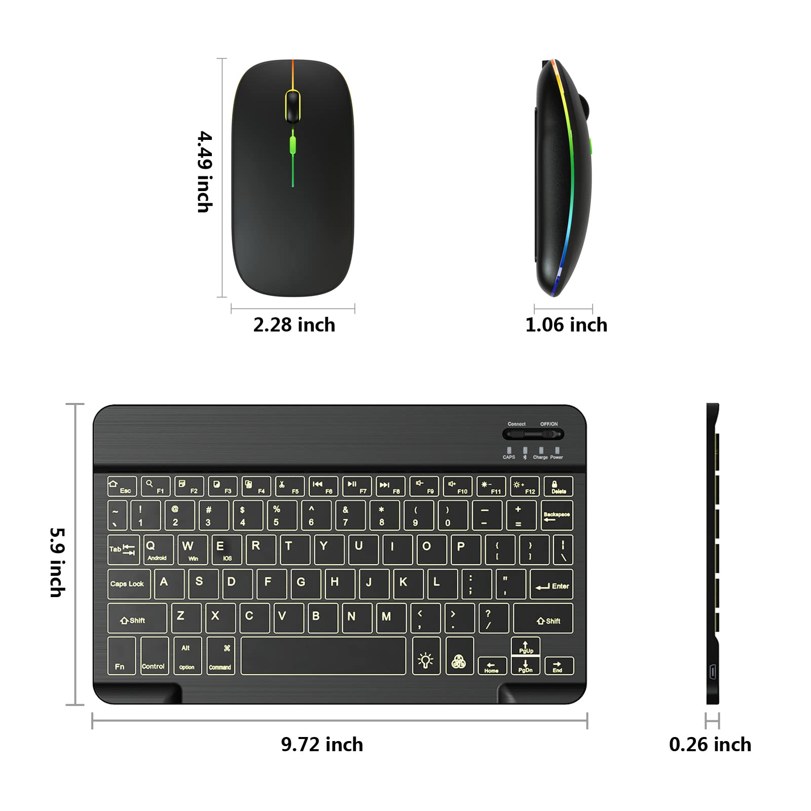 7 Color Backlit Bluetooth Keyboard and Mouse Combo for iPad 10th 9th iPad Pro Mini Air iPhone, iPadOS 13 or Later, Slim Rechargeable Android Tablet Phone Wireless Keyboard Mouse Combo Portable (Black)