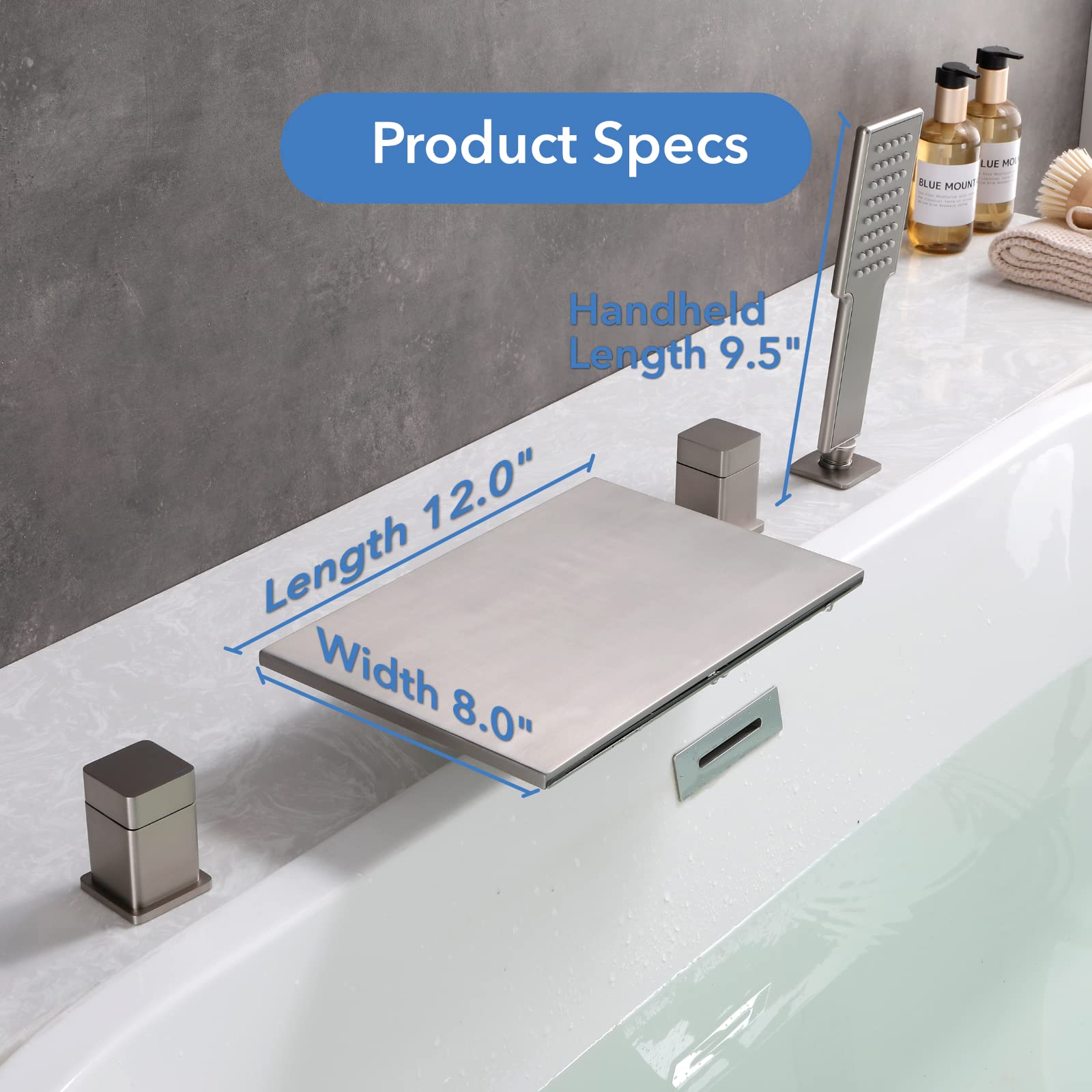 VANFOXLE Waterfall Bathtub Faucet set with Hand Shower, Roman Tub Faucets Deck Mount Brushed Nickel Tub Faucet set Brass Tub Filler Bathroom Faucets with Hand Shower