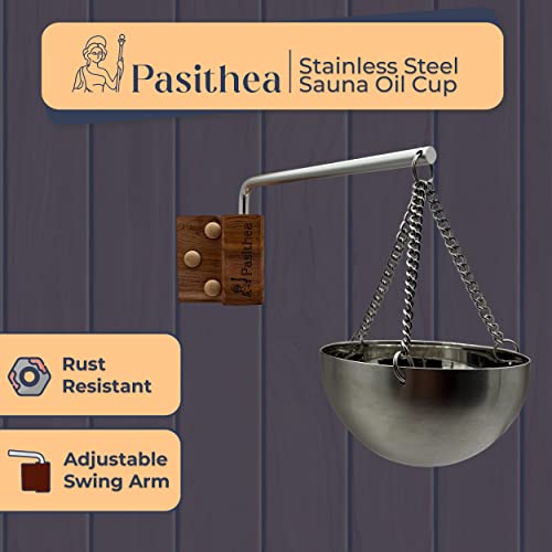 Pasithea Stainless Steel Sauna Oil Cup - Canadian Red Cedar Wall Mount and Adjustable Swing Arm - Sauna Accessories for Essential Oil Sauna Aromatherapy (Silver)