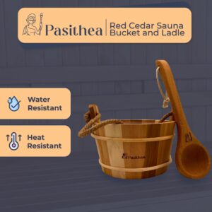 Pasithea Canadian Red Cedar Sauna Bucket and Ladle with Wooden Bottom - Handmade, 1 Gallon (4L) Plastic Liner, and Natural Rope Handle - Premium Sauna Accessories Kit with Sauna Ladle and Bucket