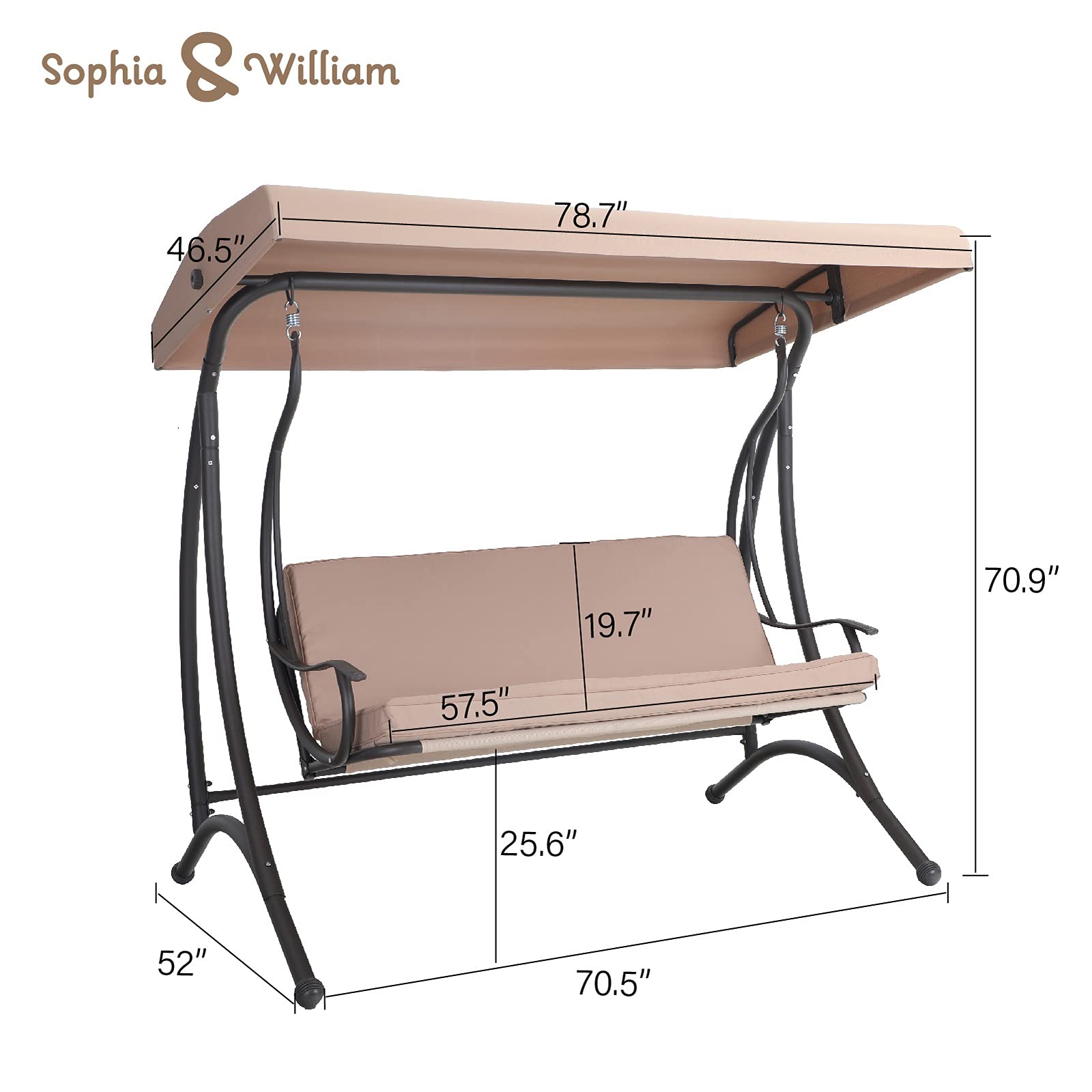 Sophia & William Outdoor 3-Seat Swing Chair with Adjustable Canopy, Patio Swing Glider Lounge Chair with Removable Cushion for Porch, Garden, Backyard Beige