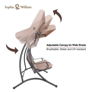 Sophia & William Outdoor 3-Seat Swing Chair with Adjustable Canopy, Patio Swing Glider Lounge Chair with Removable Cushion for Porch, Garden, Backyard Beige