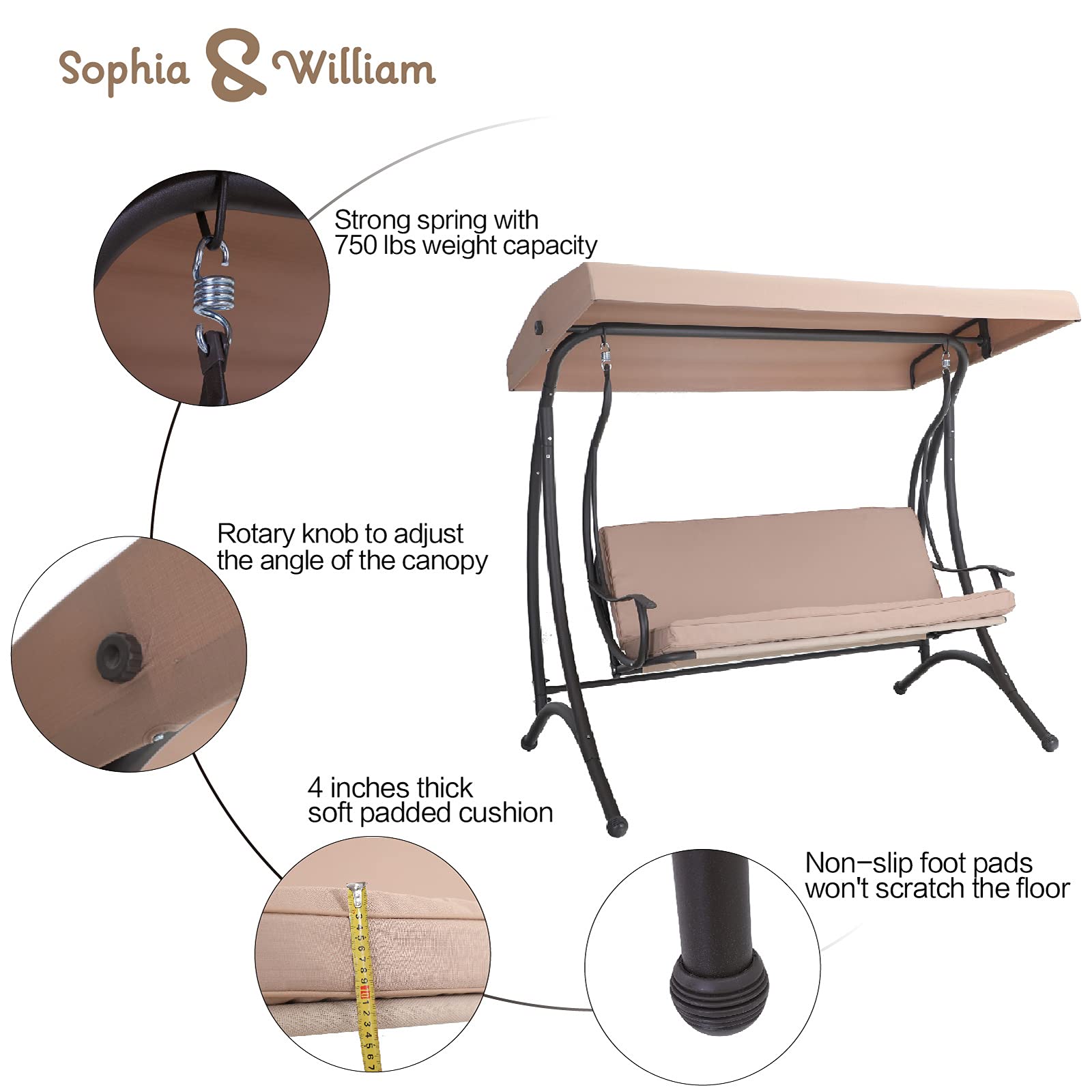 Sophia & William Outdoor 3-Seat Swing Chair with Adjustable Canopy, Patio Swing Glider Lounge Chair with Removable Cushion for Porch, Garden, Backyard Beige