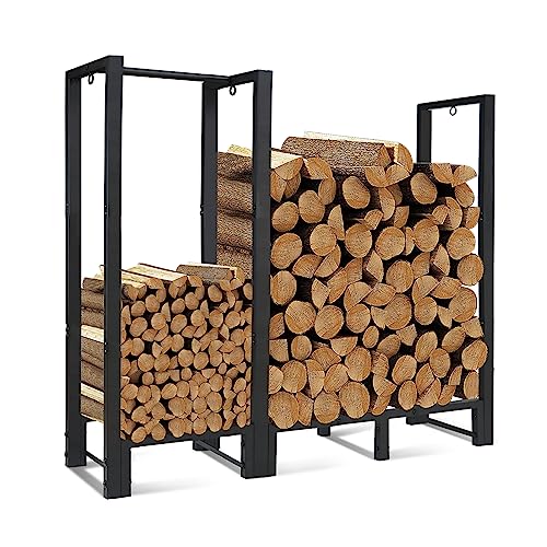 Shomextol 4ft Outdoor Indoor Firewood Rack Holder for Fireplace Wood, Heavy Duty Fireplace Log Holder, Fireplace Fire Pits Wood Pile Storage Holder Lumber Rack, Black