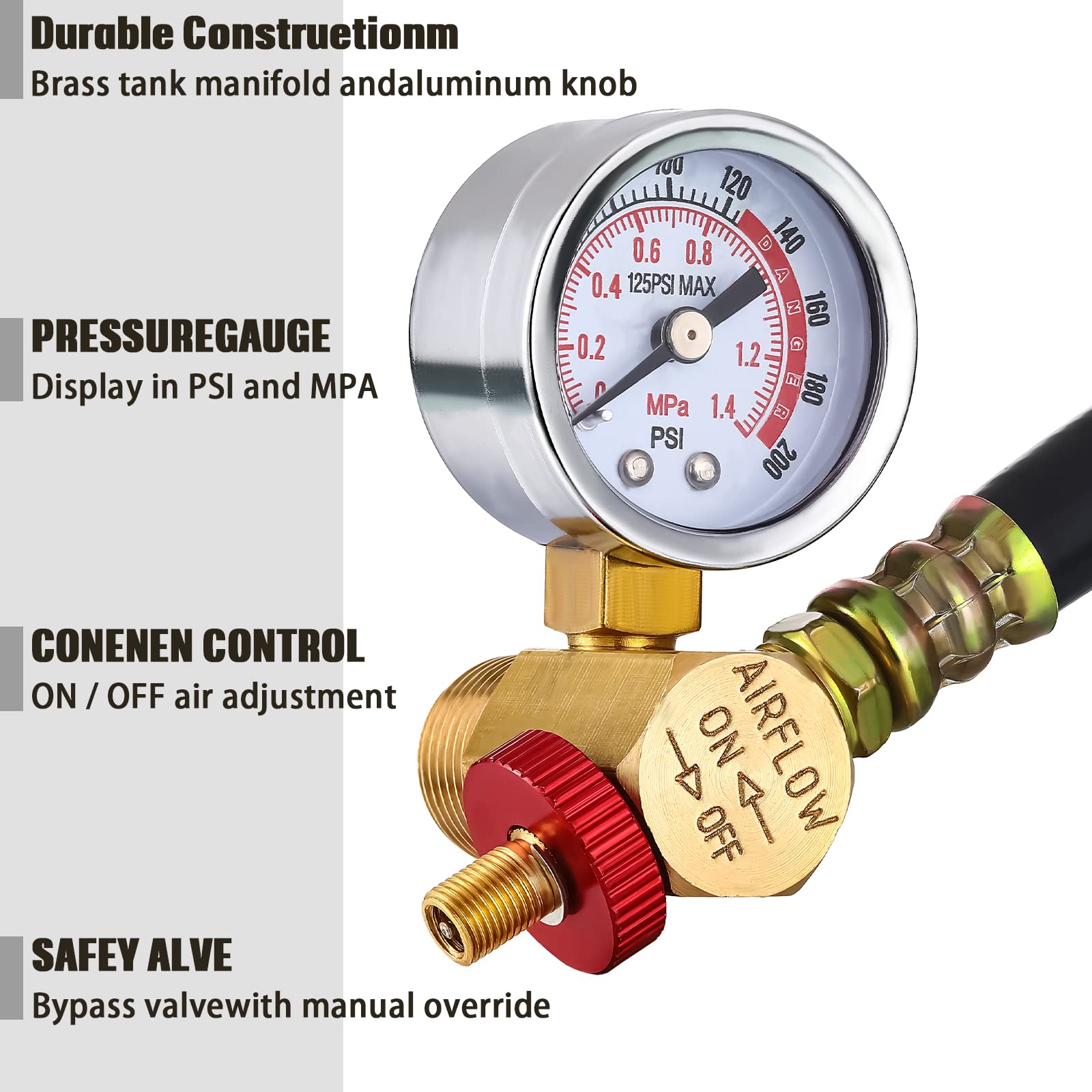 Peryiter Air Tank Repair Kit Including Safety Valve, 0-200 PSI Pressure Gauge and 4 Feet Air Tank Hose Assembly Kit for Portable Carry Tank(3 Pcs)