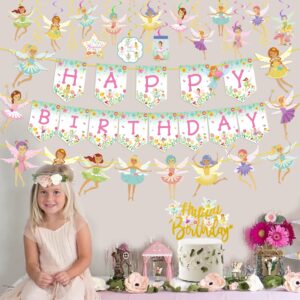 22Pcs Flower Fairy Birthday Decorations Garden Fairy Hanging Swirls Happy Birthday Banner Magical Fairy Cake Topper for Girls Birthday Party Baby Shower Decor