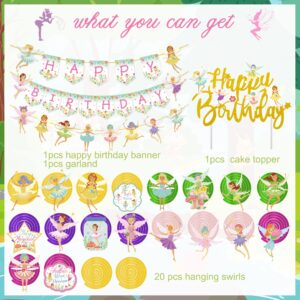 22Pcs Flower Fairy Birthday Decorations Garden Fairy Hanging Swirls Happy Birthday Banner Magical Fairy Cake Topper for Girls Birthday Party Baby Shower Decor