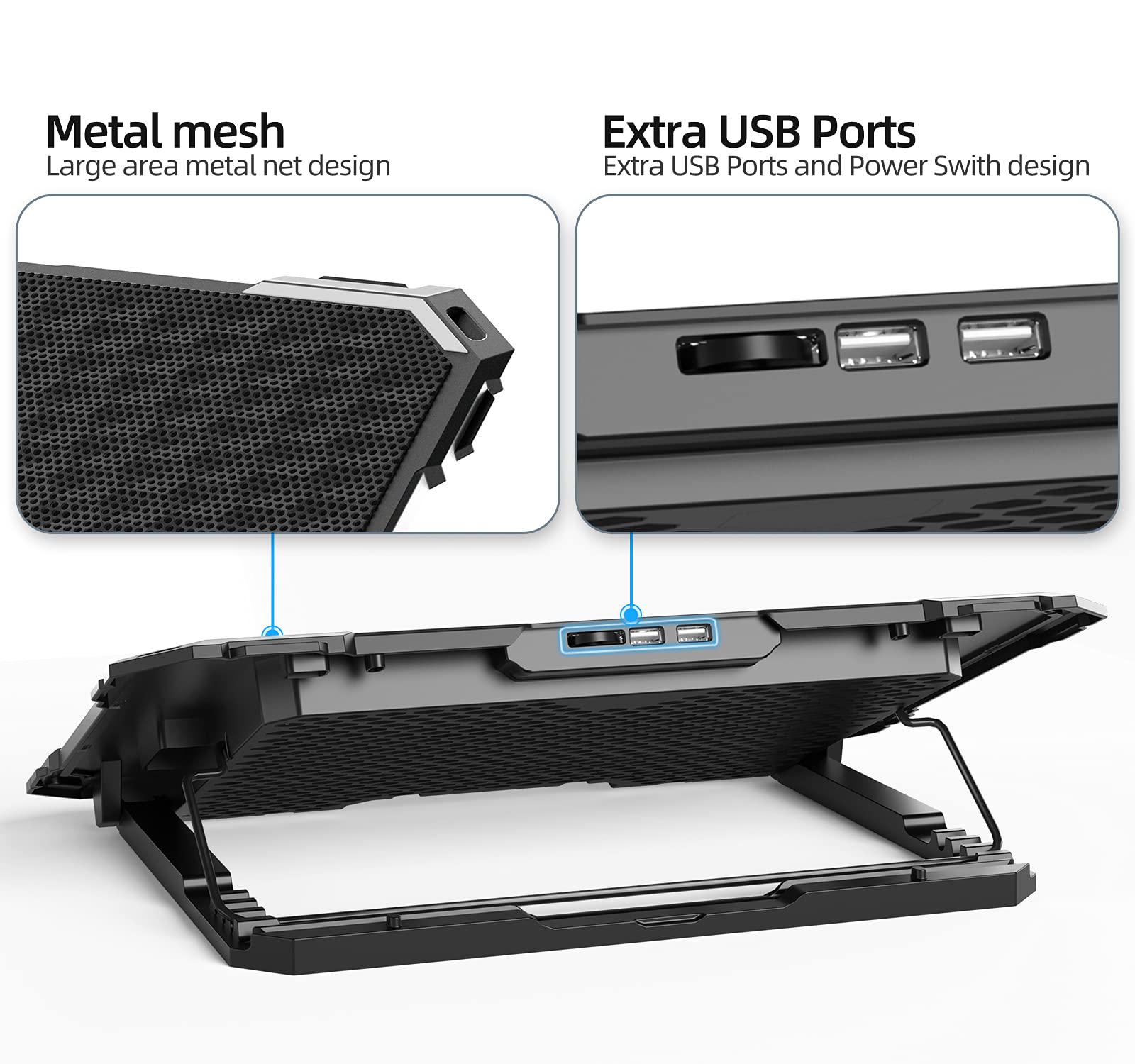 KYOLLY Upgrade Laptop Cooling Pad,Gaming Laptop Cooler with 5 Quiet Fans,2 USB Ports,5 Adjustable Stand Height,Blue LED Lights,for 15.6 Inch Laptops