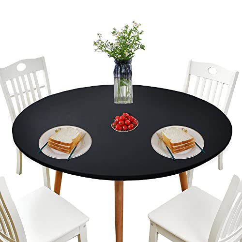 Newisher Round Fitted Table Cover Spandex Stretch Tablecloth Black Table Top Cover with Elastic Edged for Dining Picnic Patio 60 inch