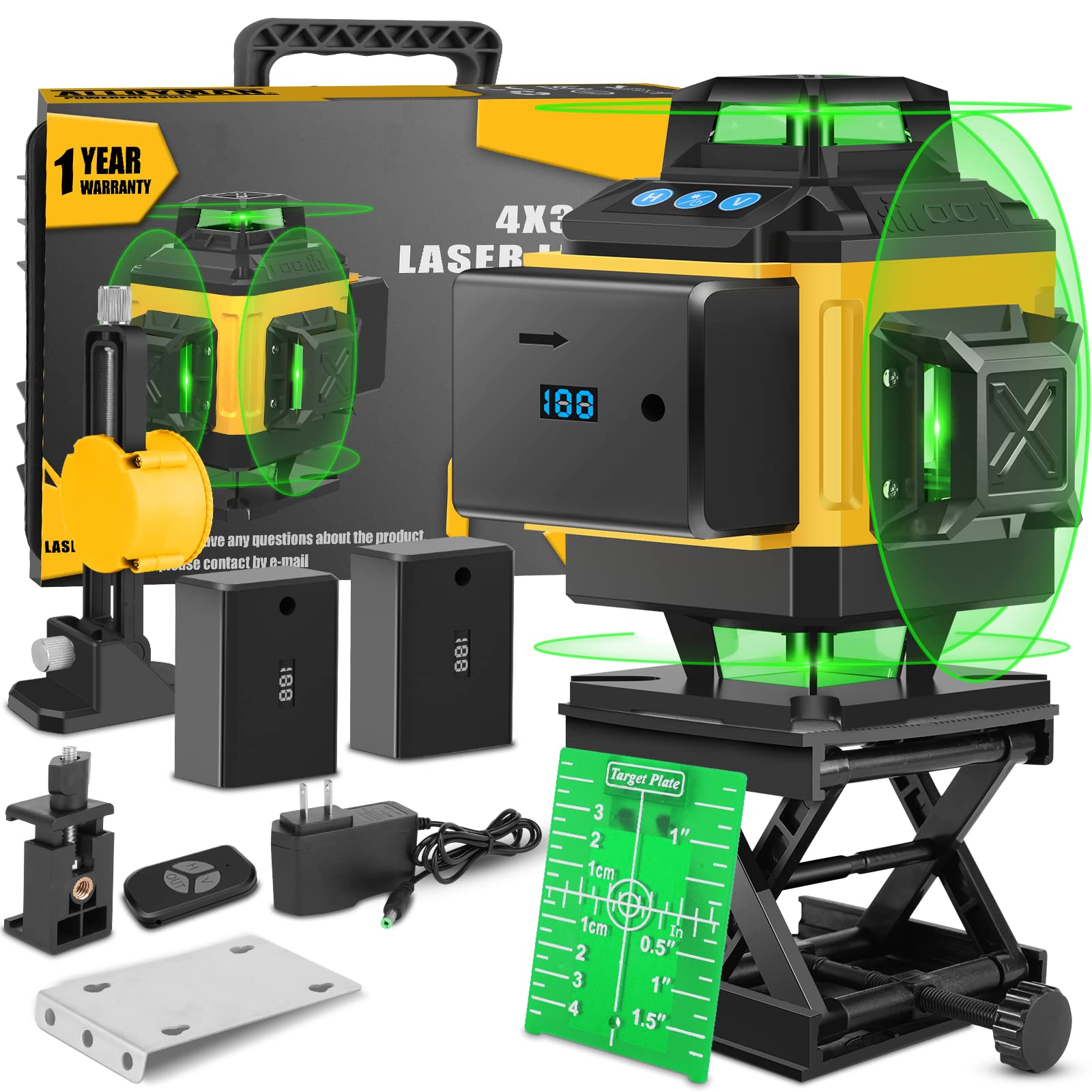 Alloyman 16 Line Laser Level, Self Leveling 4x360° Green Laser Level with 2Pcs Rechargeable Lithium Batteries/Wall Mount/Remote Control for Indoor and Outdoor Building Renovation Work