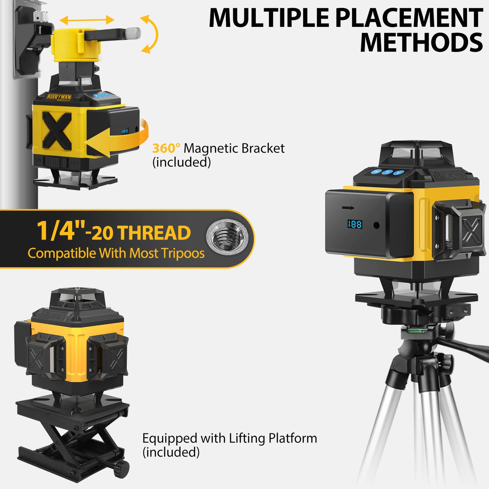 Alloyman 16 Line Laser Level, Self Leveling 4x360° Green Laser Level with 2Pcs Rechargeable Lithium Batteries/Wall Mount/Remote Control for Indoor and Outdoor Building Renovation Work