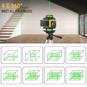 Alloyman 16 Line Laser Level, Self Leveling 4x360° Green Laser Level with 2Pcs Rechargeable Lithium Batteries/Wall Mount/Remote Control for Indoor and Outdoor Building Renovation Work