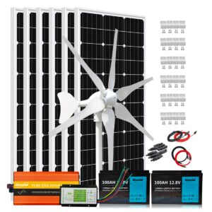 6x 100w mono solar panels + 400w wind turbine generator + 2x 100ah lifepo4 lithium batteries +1000w pure sine power inverter + hybrid controller, 1kw 24v solar wind complete kit hybrid system