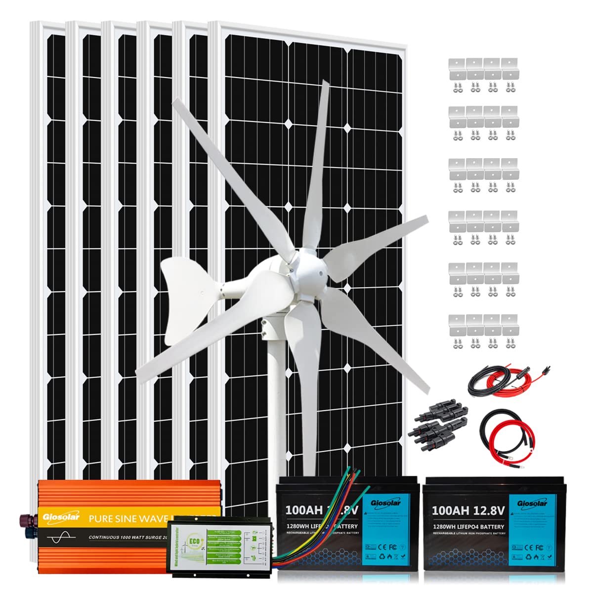 6X 100W Mono Solar Panels + 400W Wind Turbine Generator + 2X 100AH Lifepo4 Lithium Batteries +1000W Pure Sine Power Inverter + Hybrid Controller, 1KW 24V Solar Wind Complete Kit Hybrid System