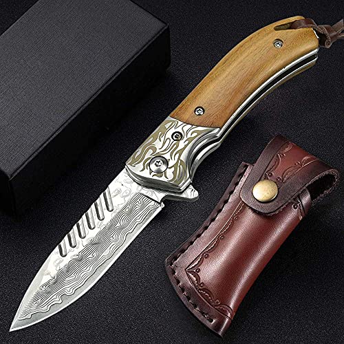 NedFoss Damascus Pocket Knife for Men, Handmade Forged Damascus Steel Folding Knife with Wood Handle, Excellent Gifts for Men Women