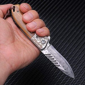 NedFoss Damascus Pocket Knife for Men, Handmade Forged Damascus Steel Folding Knife with Wood Handle, Excellent Gifts for Men Women