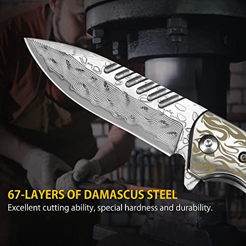 NedFoss Damascus Pocket Knife for Men, Handmade Forged Damascus Steel Folding Knife with Wood Handle, Excellent Gifts for Men Women