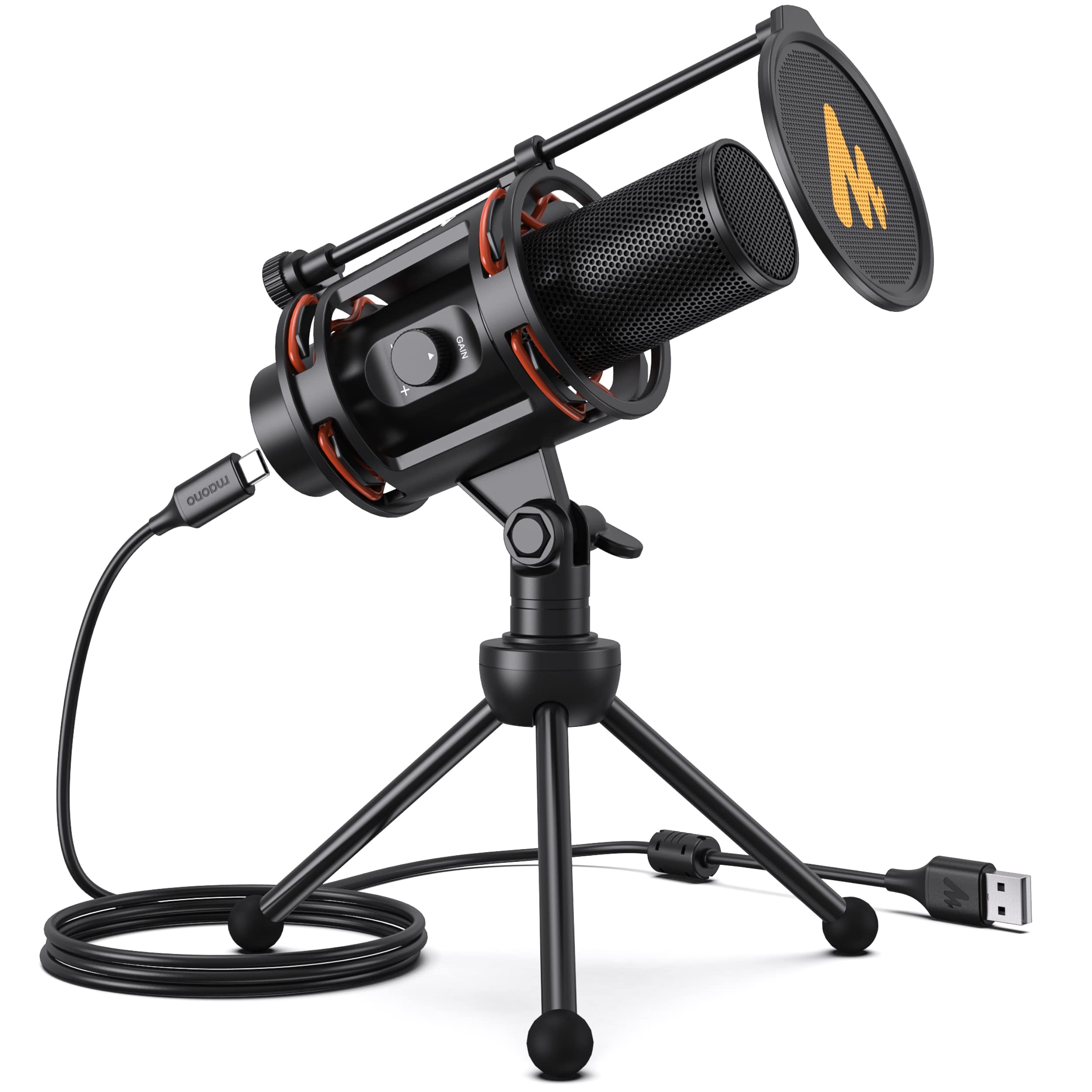 MAONO Computer Microphone All in One USB Condenser Mic 192kHz/24bit with Metal Pop Filter, Tripod, Gain Knob&0-Latency Monitoring for Zoom Meeting, Podcasting, Streaming, YouTube, Voice Over, Gaming