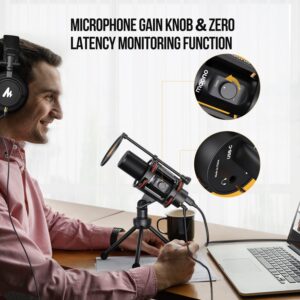 MAONO Computer Microphone All in One USB Condenser Mic 192kHz/24bit with Metal Pop Filter, Tripod, Gain Knob&0-Latency Monitoring for Zoom Meeting, Podcasting, Streaming, YouTube, Voice Over, Gaming