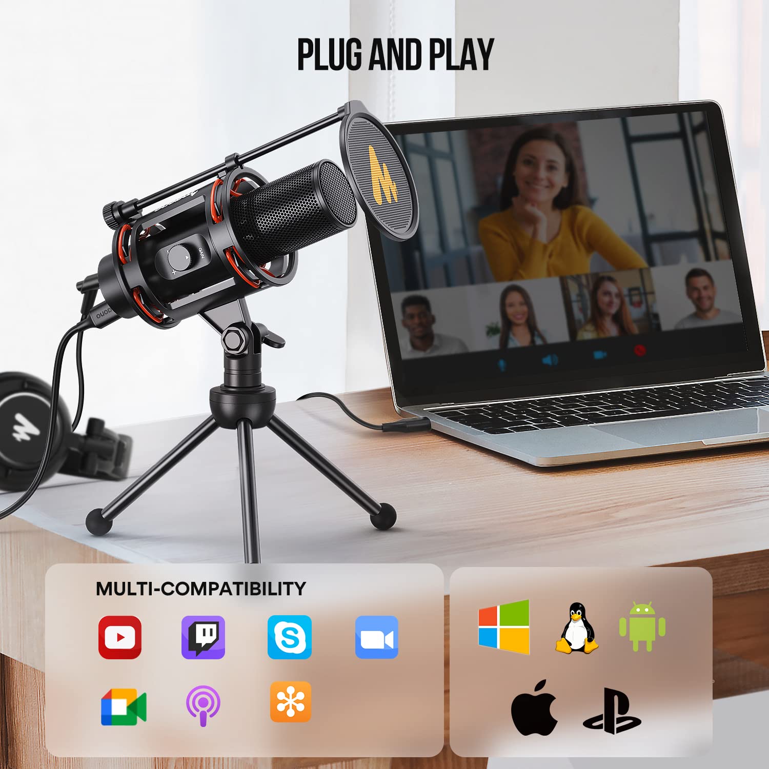 MAONO Computer Microphone All in One USB Condenser Mic 192kHz/24bit with Metal Pop Filter, Tripod, Gain Knob&0-Latency Monitoring for Zoom Meeting, Podcasting, Streaming, YouTube, Voice Over, Gaming