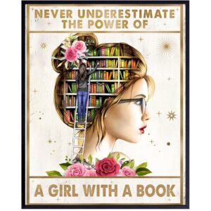 Never Underestimate A Girl With A Book Wall Art - Girls Room Motivational Quote - Inspirational Saying - Classroom Wall Art Poster - Daughter Gift - Teacher Gift - Girls Bedroom Decor UNFRAMED 8x10