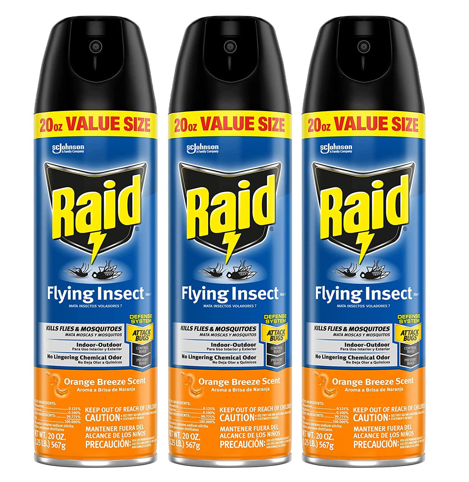 Raid Flying Insect Killer, Kills Flies, Mosquitoes, and Other Flying Insects on Contact, for Indoor and Outdoor Use, Orange Breeze Scent, 18 oz (3 Pack)